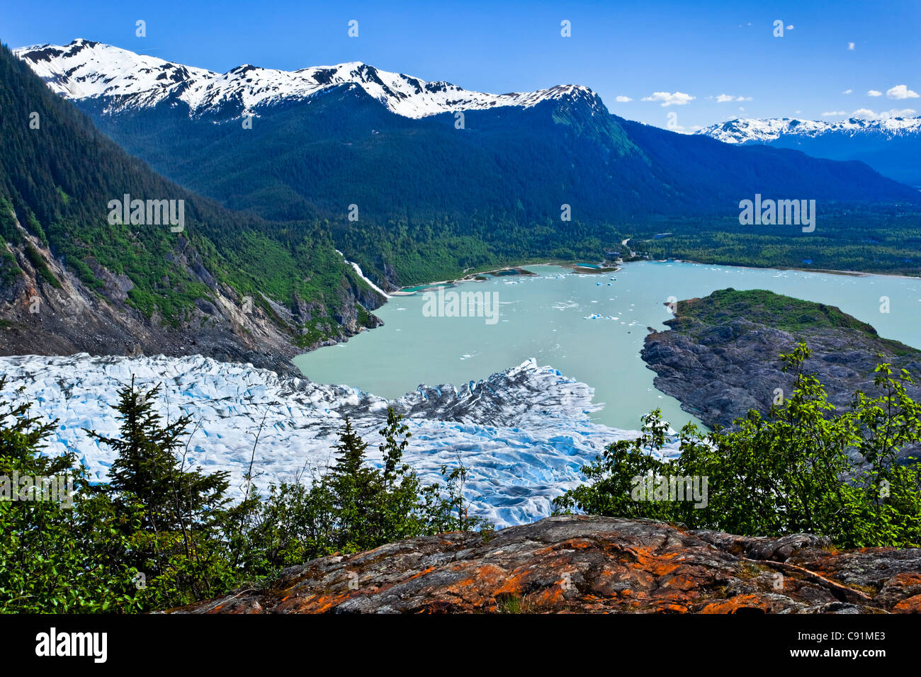 Scenic view overlooking Mendenhall Glacier and Mendenhall Lake from ...