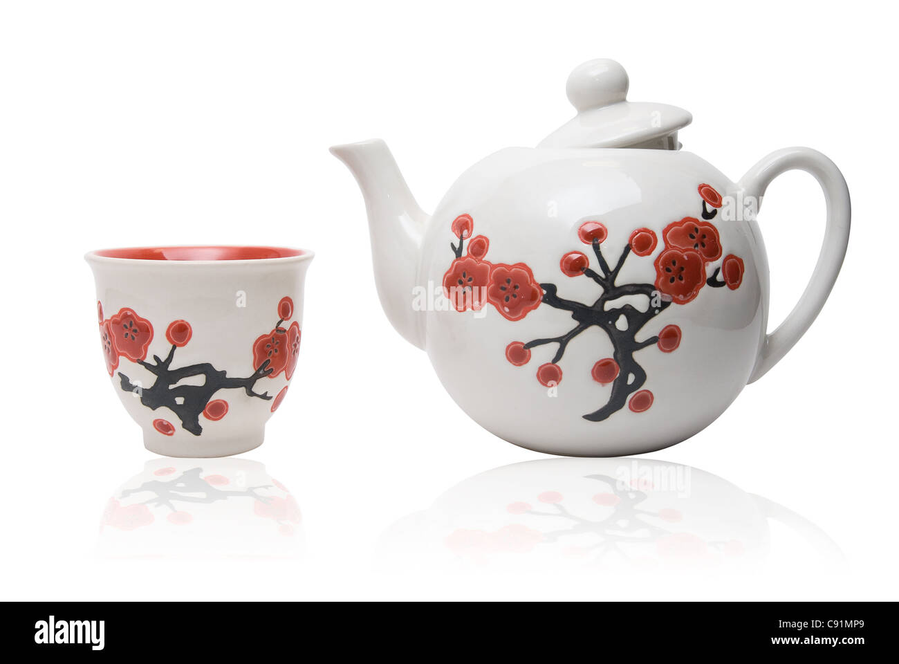 Tea-things in asian style with flowers. Isolated on white Stock Photo ...