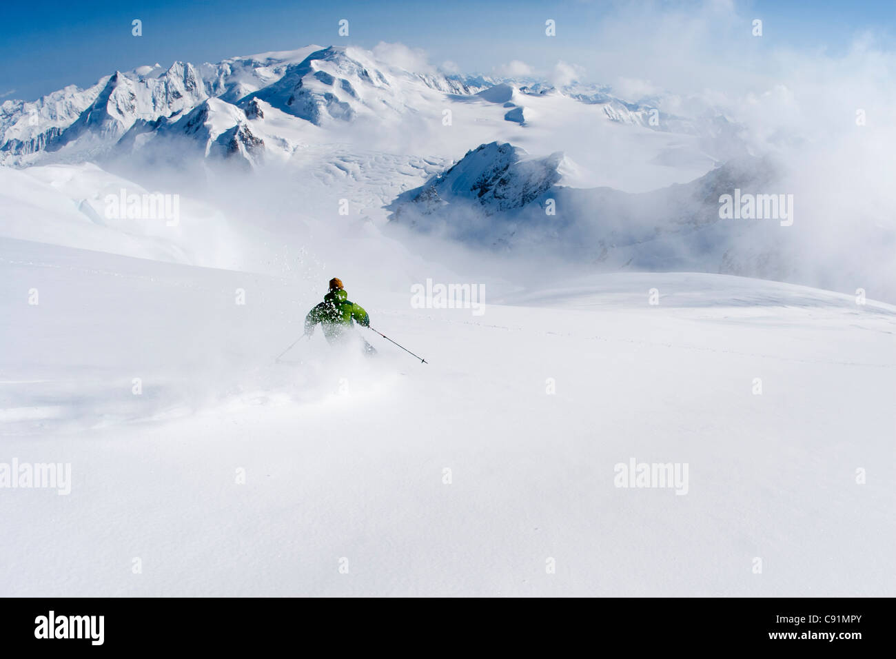 Andrew Wexler skiing down from the summit of Mount Talachulitna ...
