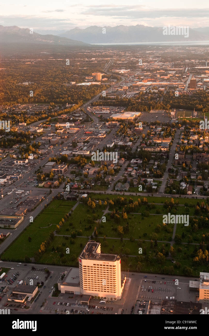 Aerial late evening view of Anchorage, looking south from downtown ...