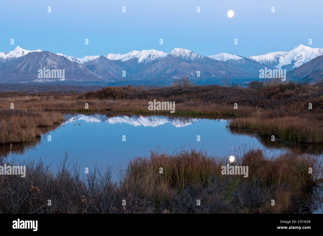 A full moon reflects on the surface of a small pond after sunset in ...