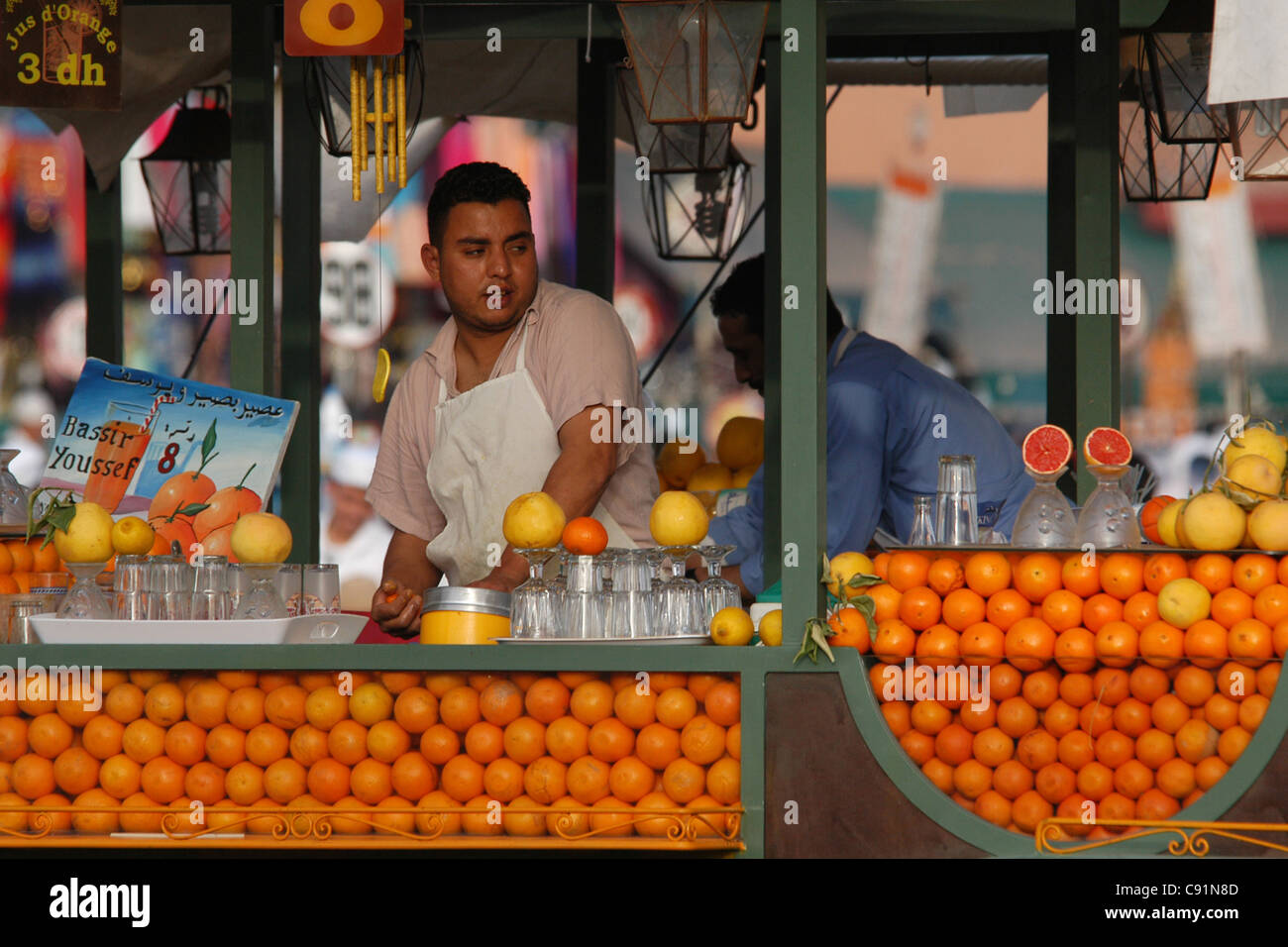 Fresh orange juice stall at Jemaa el-Fna Square in Marrakech, Morocco ...