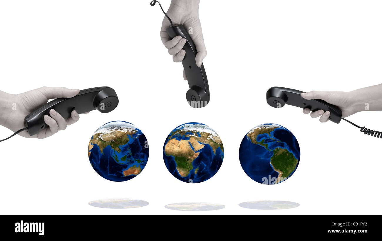 World Communication on white. office black telephones with hands ...