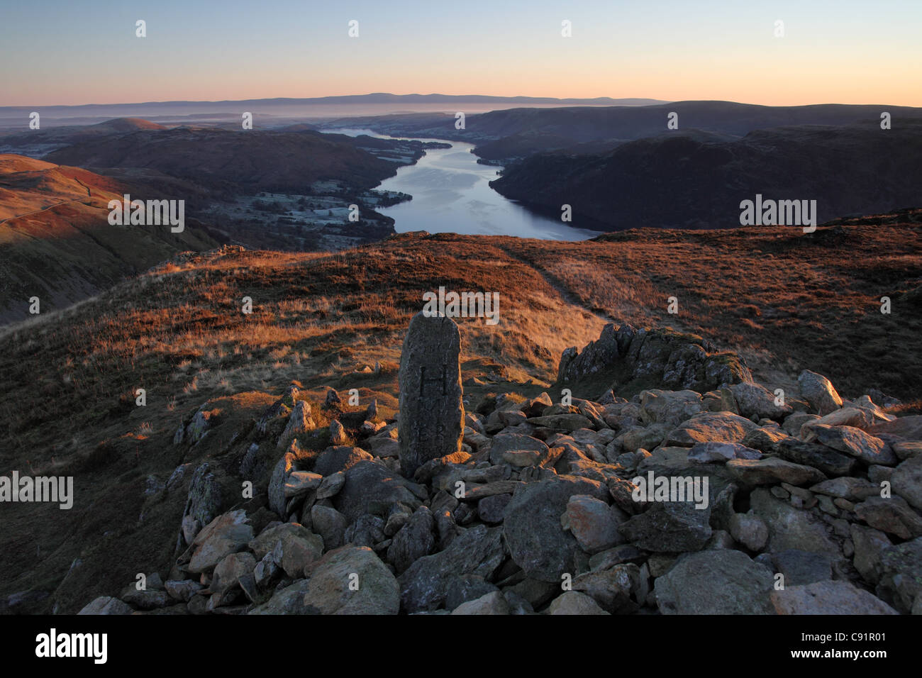 Boundary Stone on the Summit of Sheffield Pike with Ullswater and the ...