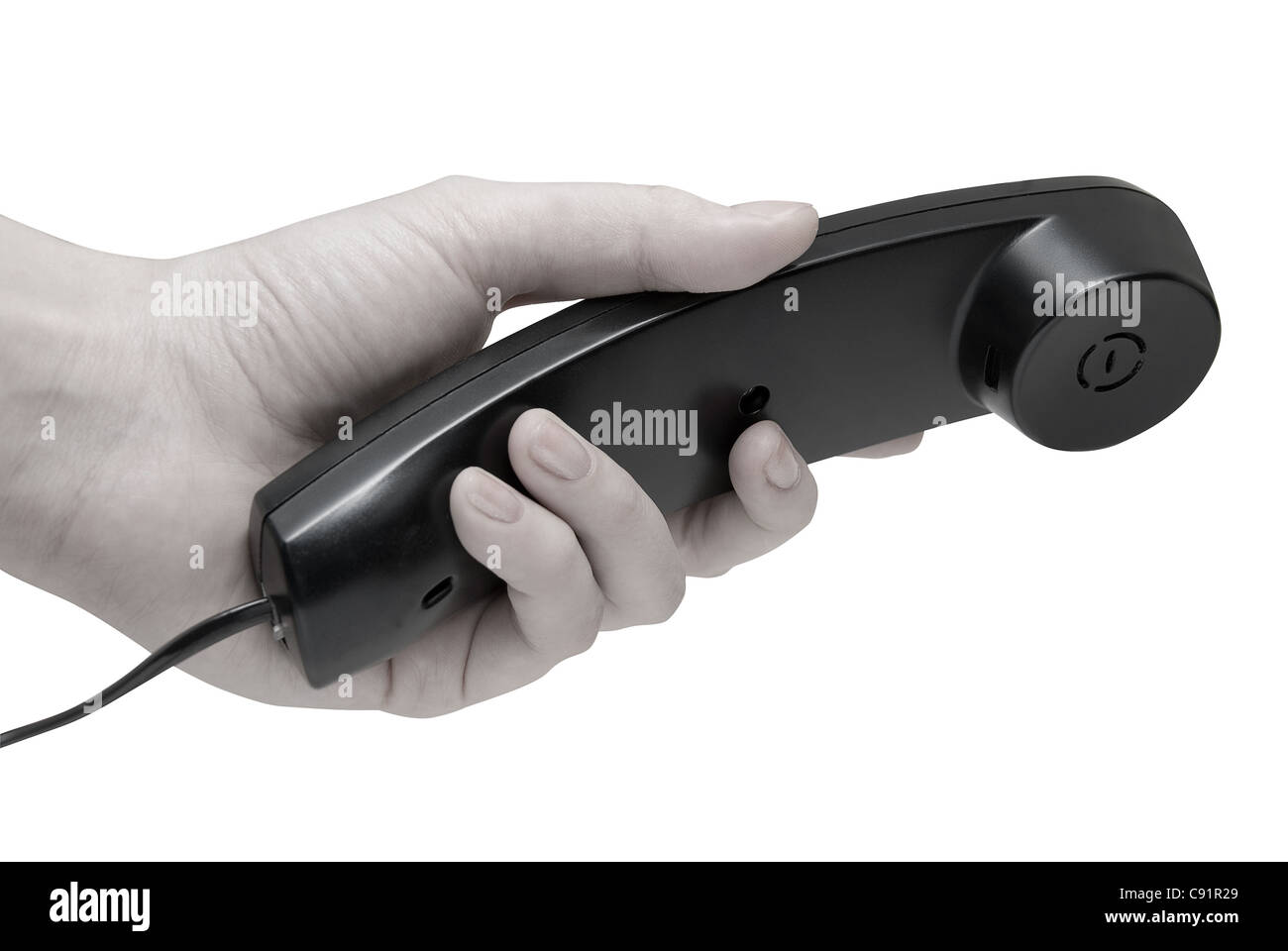 Communication on white. office black telephone with hand dialing Stock ...