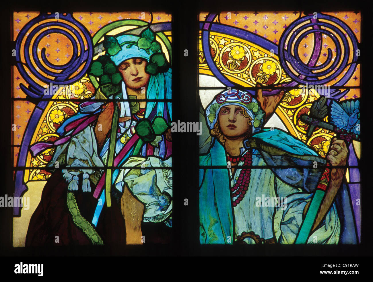 Detail of the stained-glass window by Alfons Mucha in St Vitus ...