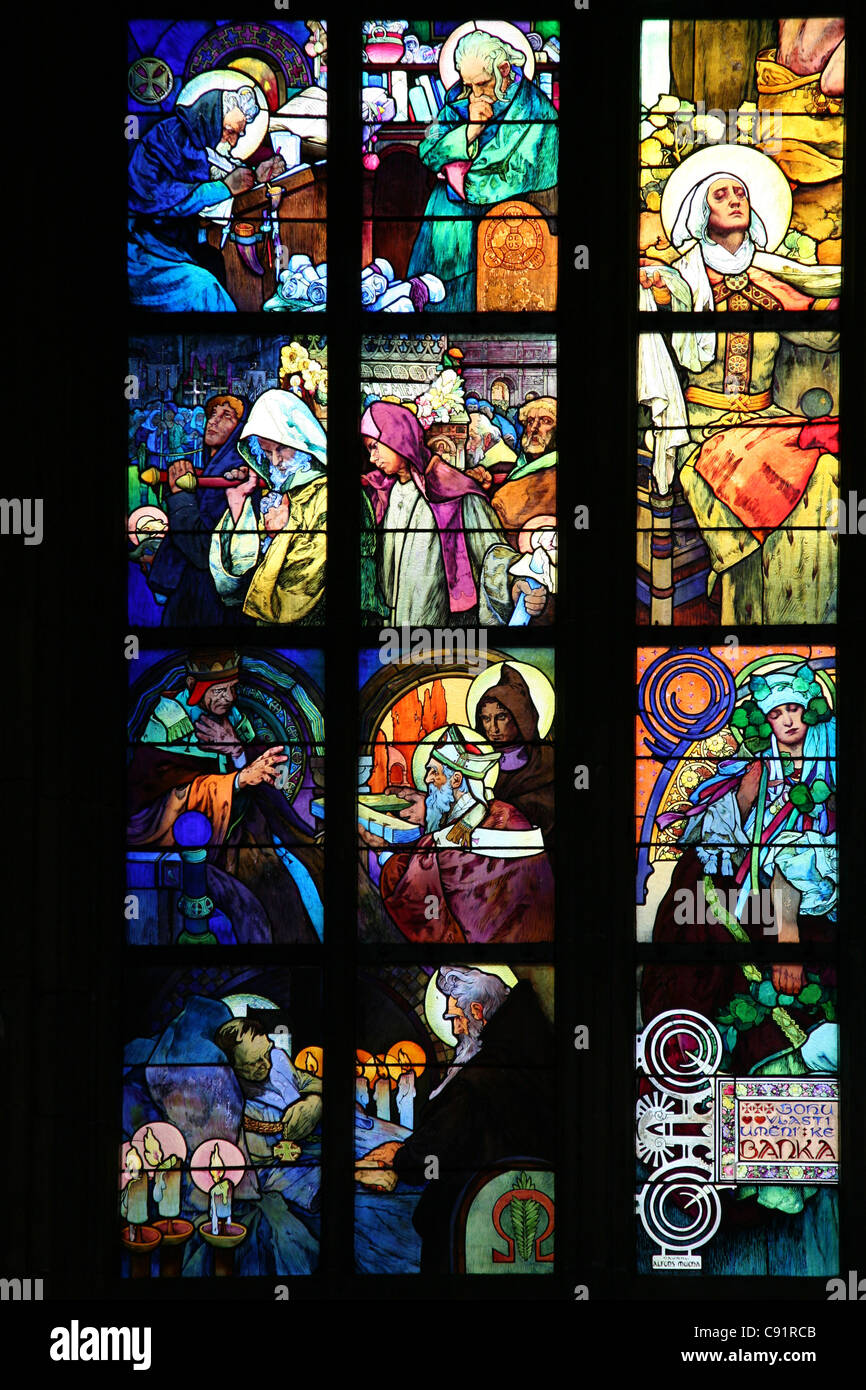 Detail of the stained-glass window by Alfons Mucha in St Vitus ...