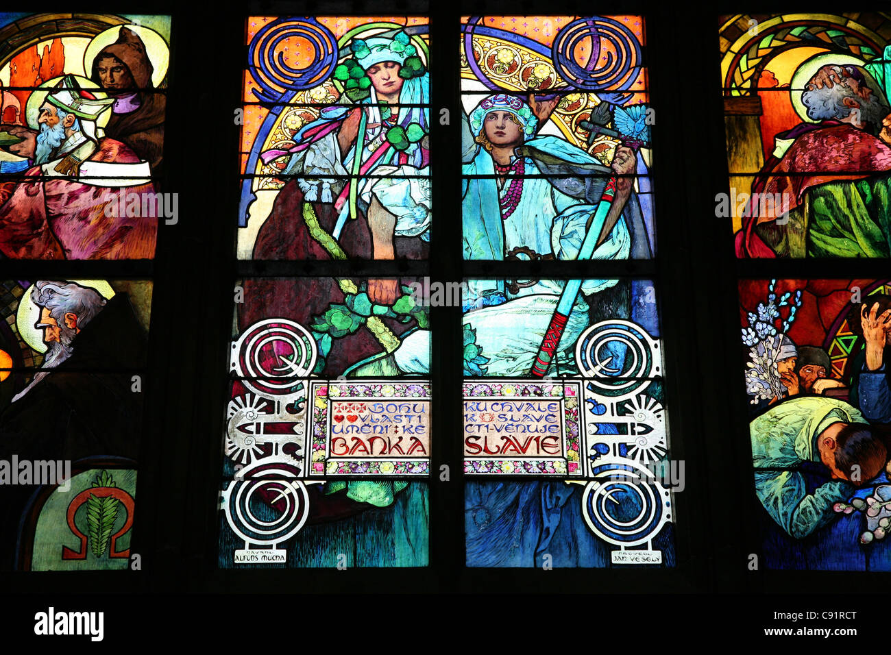 Detail of the stained-glass window by Alfons Mucha in St Vitus ...