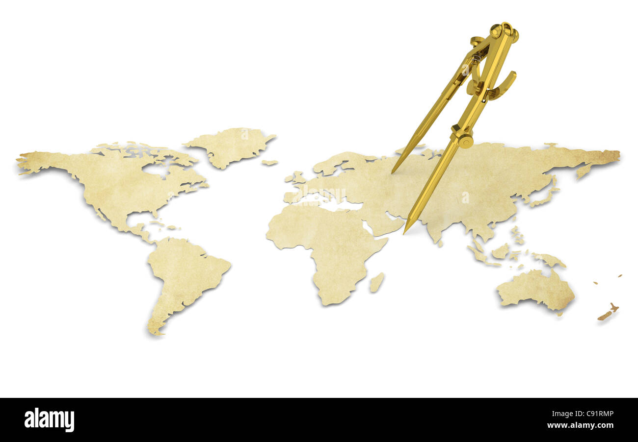 A World Map in 3D. Paper Shape, thin and Antique style. Brass Divider ...