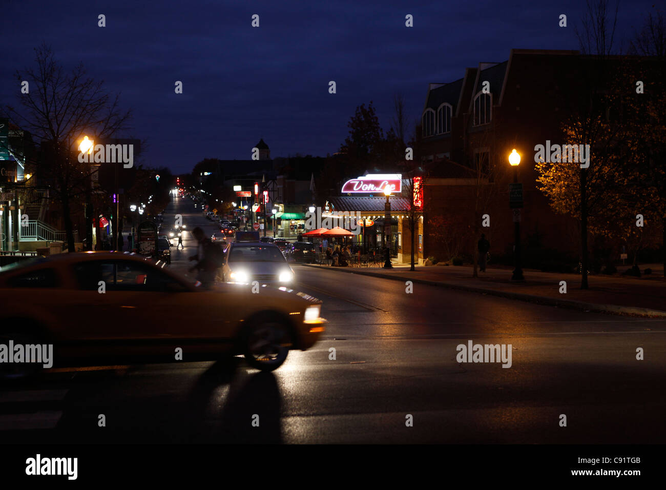 view looking down Kirkwood at dusk street scene cityscape Bloomington ...