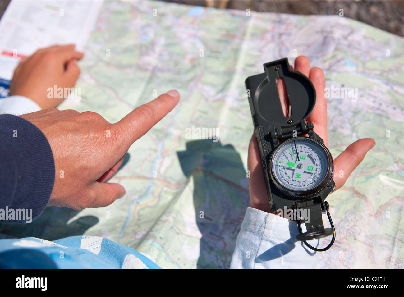 Father and son using compass and map Stock Photo - Alamy