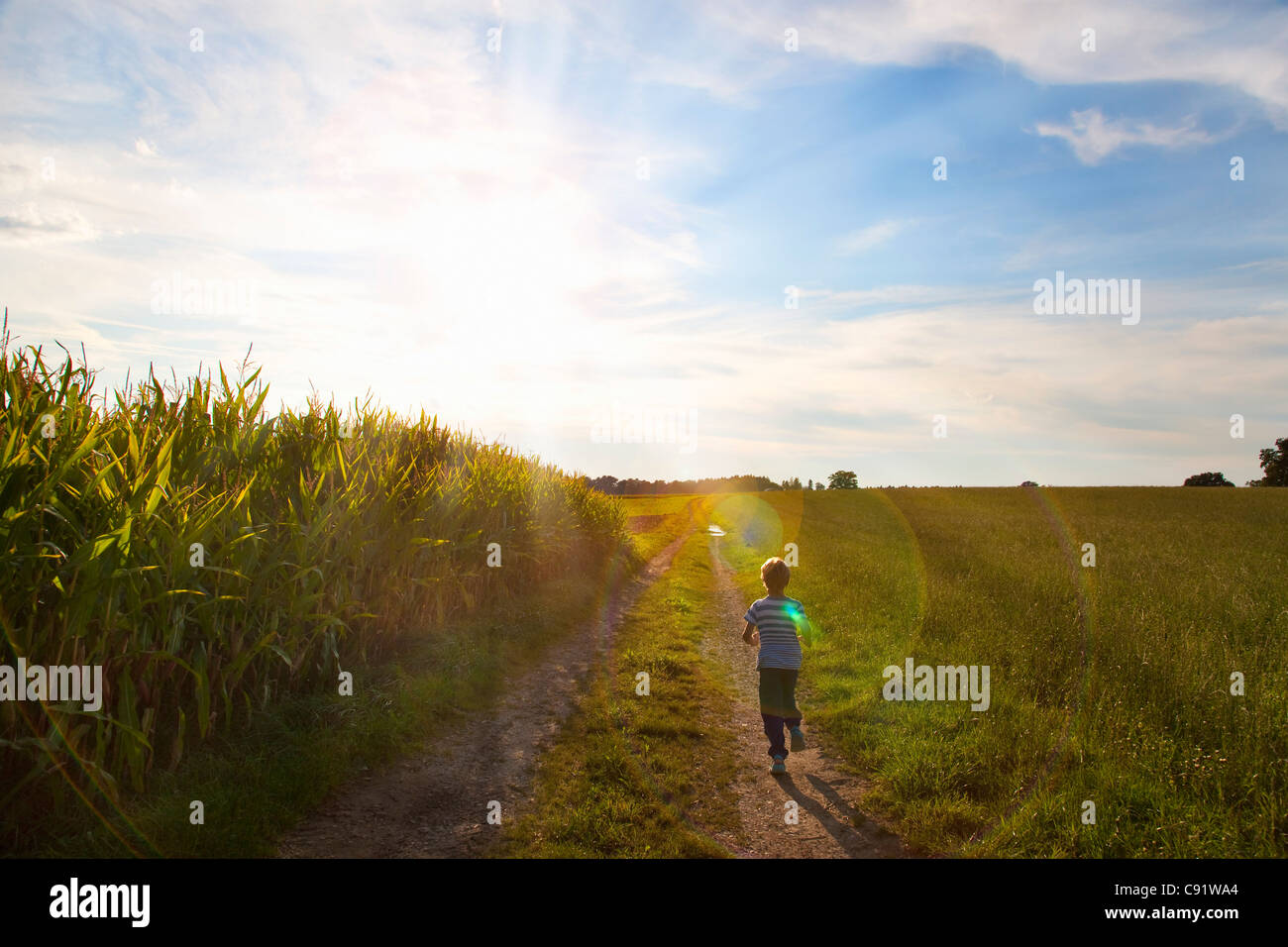 Boy playing on rural dirt path Stock Photo - Alamy