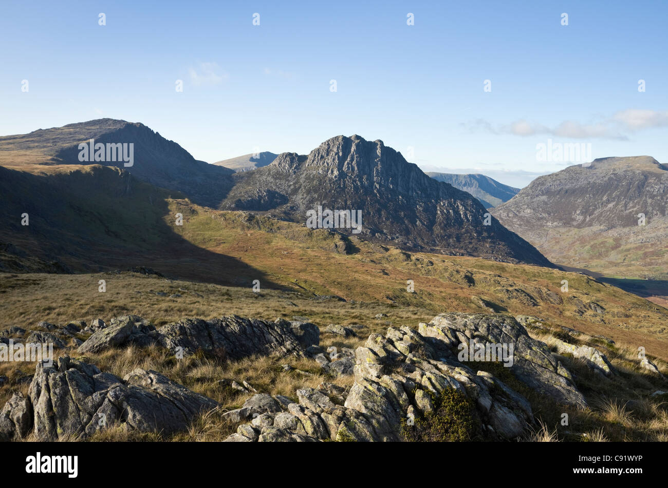 View to Tryfan and Glyder Fach in Snowdonia National Park mountains ...