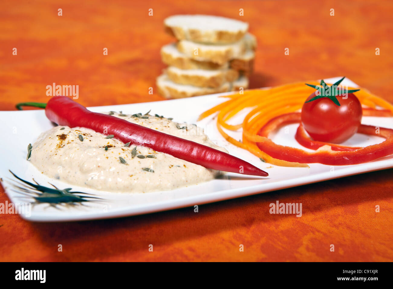 Liptauer spread, served with vegetables and French bread Stock Photo ...