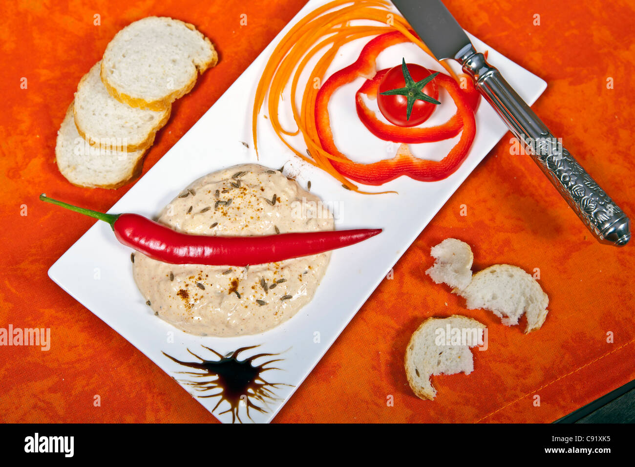Liptauer spread, served with vegetables and French bread Stock Photo ...