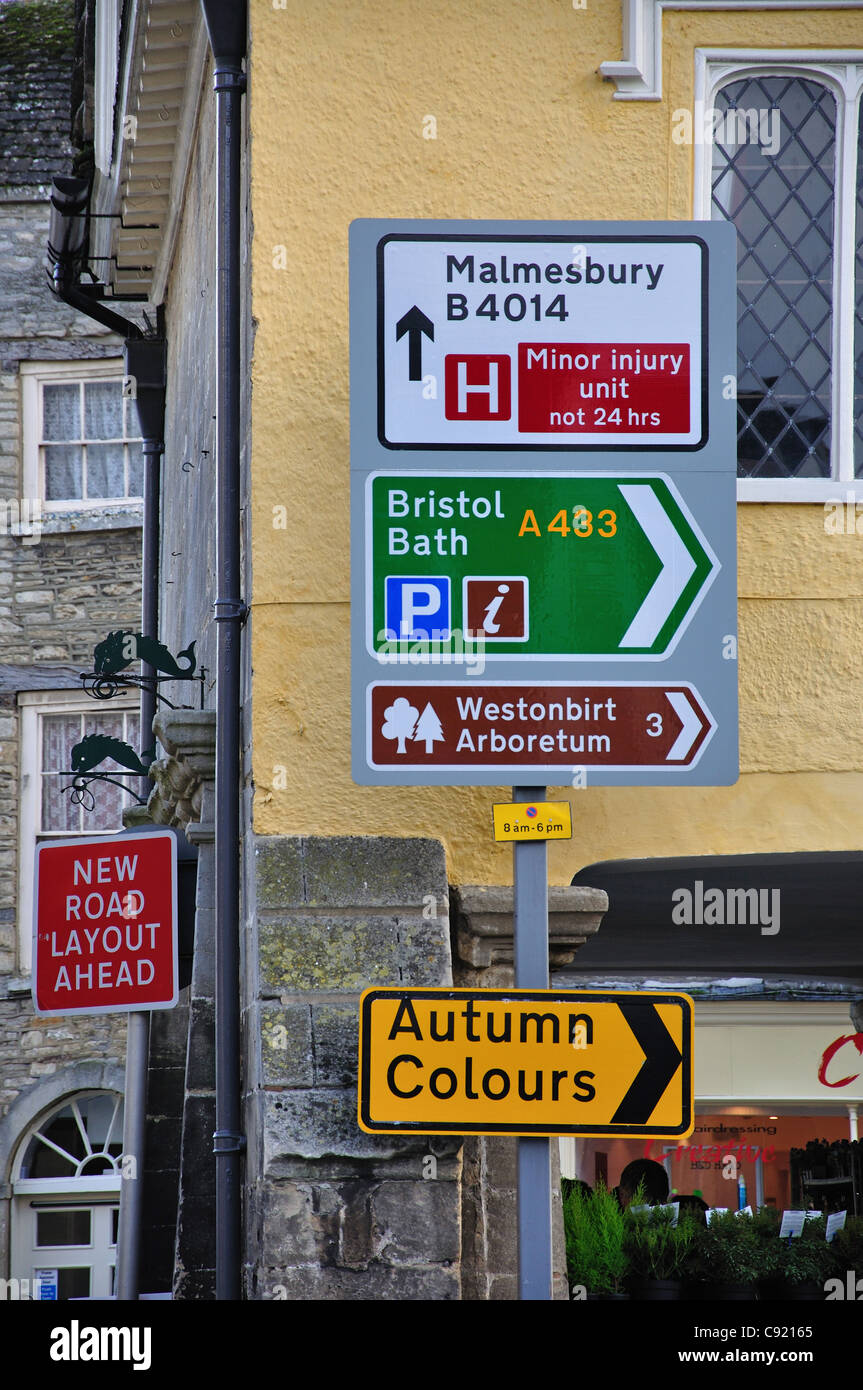 Road signs in Market Place, Tetbury, Cotswold District, Gloucestershire ...