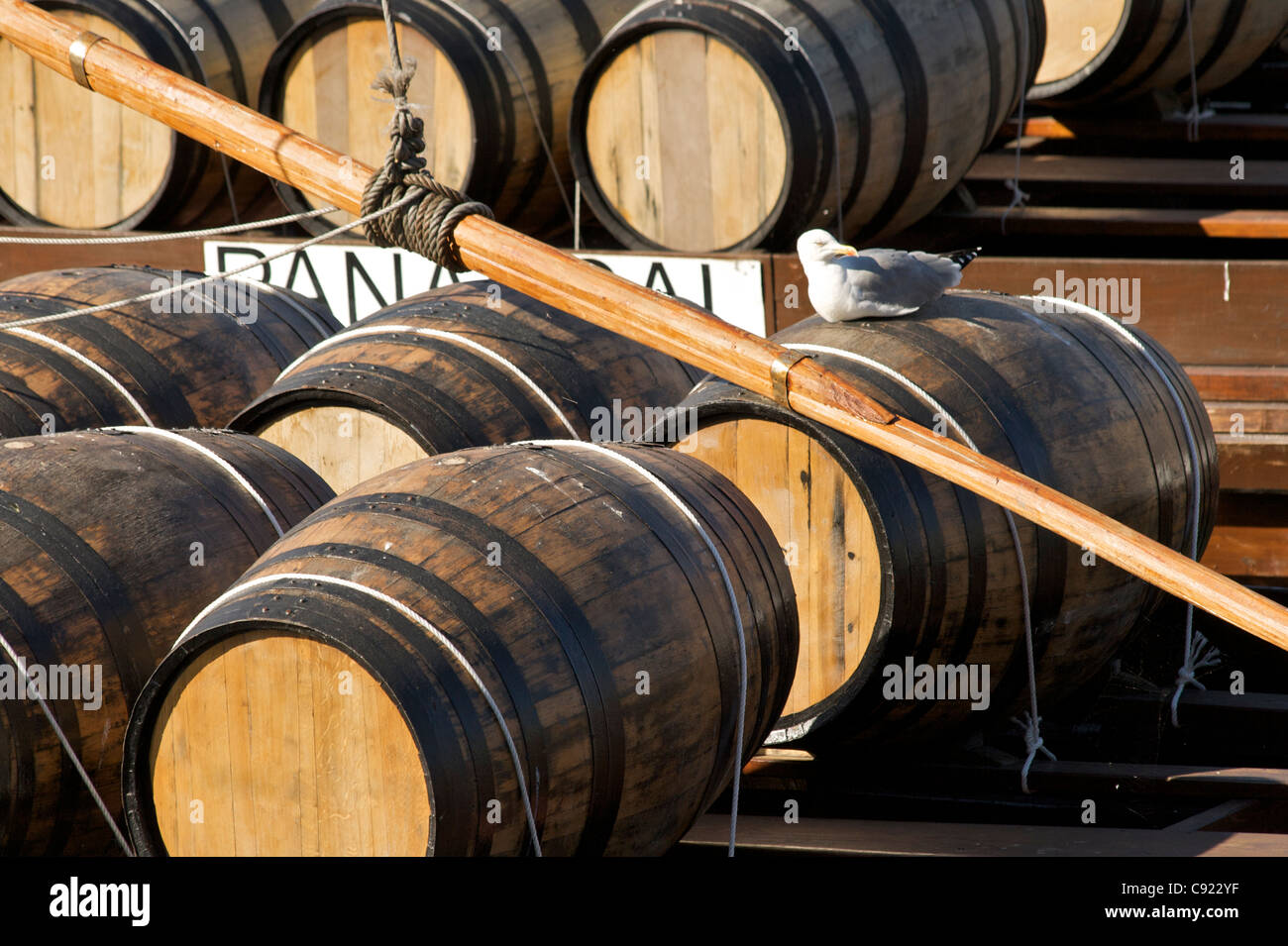 Robertson's wooden Port casks roped onto the deck of a 'Barcos Rabelos ...