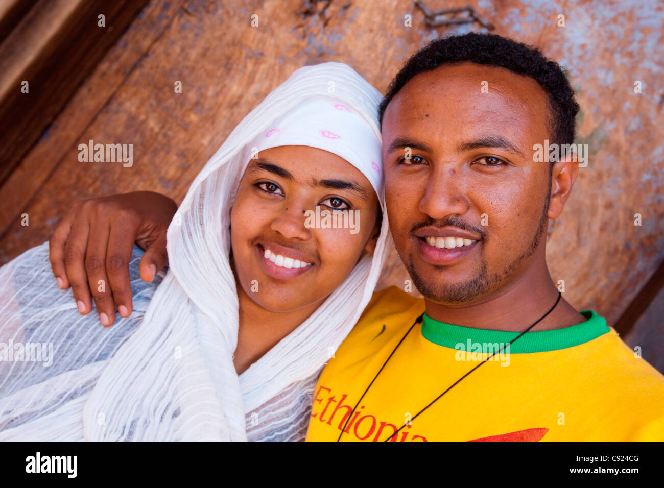 Local couple at the rock-hewn church of Abraha Atsbeha in the Gheralta ...