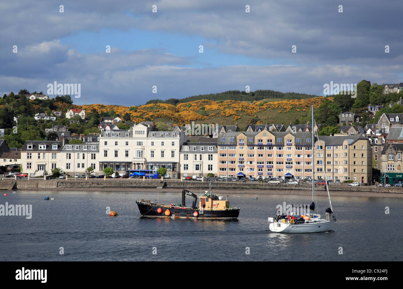 Houses along the harbour side and boats moored at Oban which is a busy ...