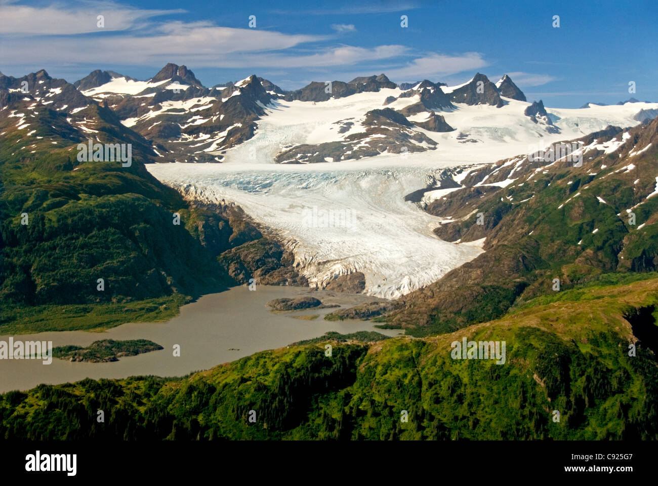 An aerial view of Petrof Glacier and Kenai Mountains in the Kenai Fjords National Park, Kenai ...