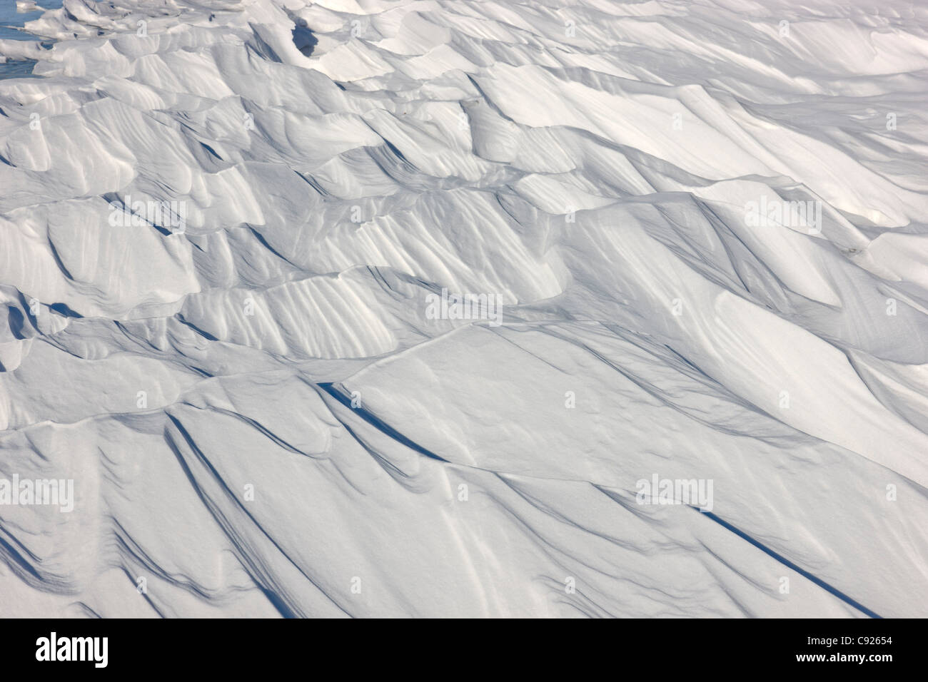 View of Sastrugi, wind carved ridges in the snow, along the Nenana ...