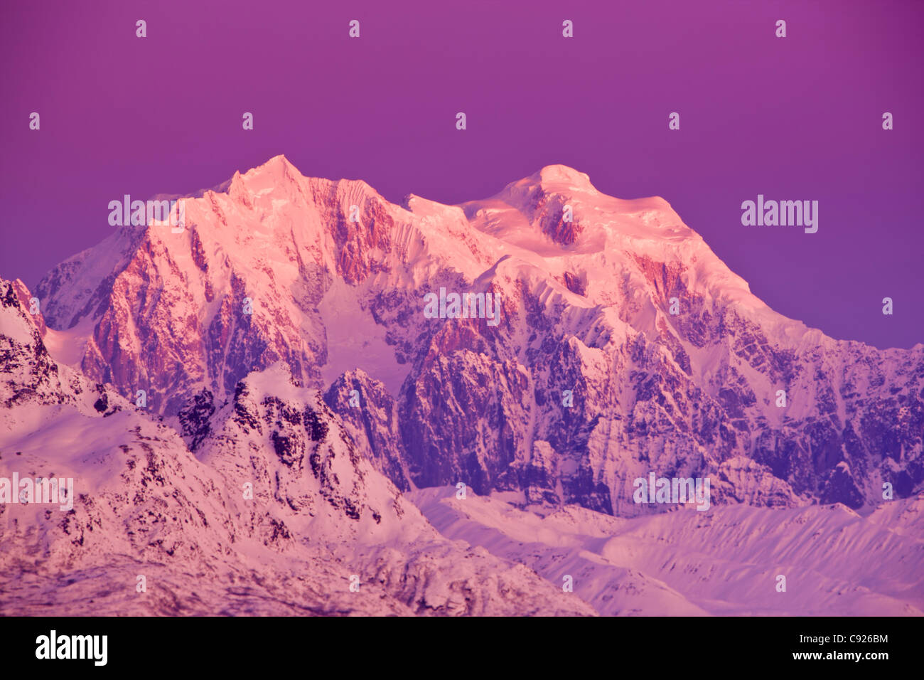 Close view of sunrise light on Mount Hunter in the Alaska Range, Denali ...