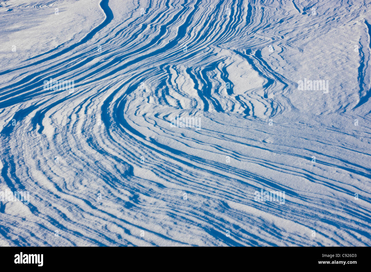 Detail view of Sastrugi, wind carved ridges in the snow, along the ...