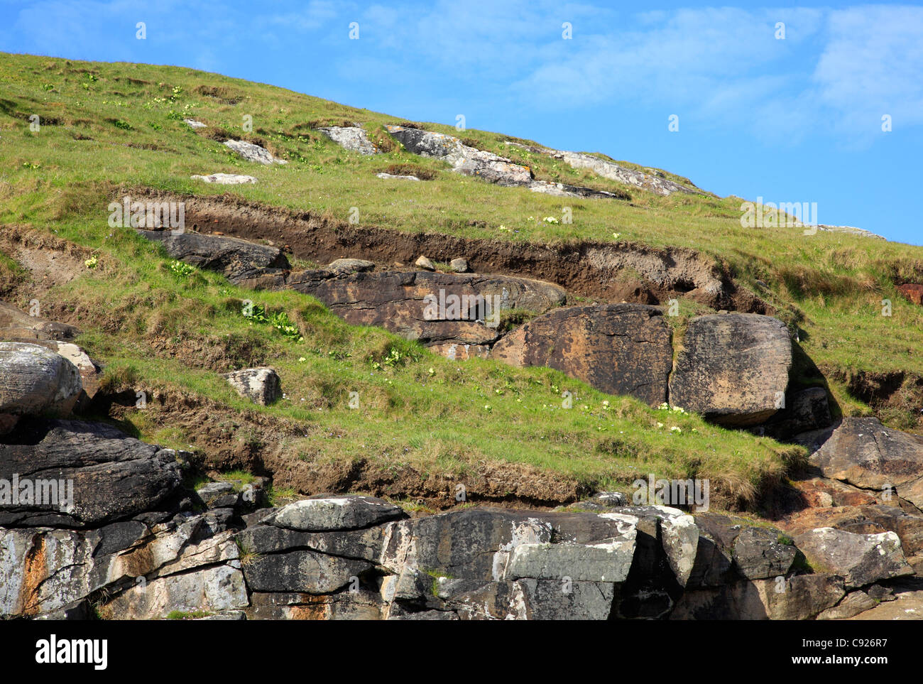 The rocks and landscape on the island of Mingulay, one of the Bishop's ...
