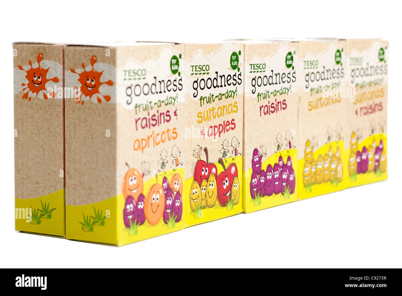 Ten small boxes of Tesco childrens whole fruit a day temptations Stock ...