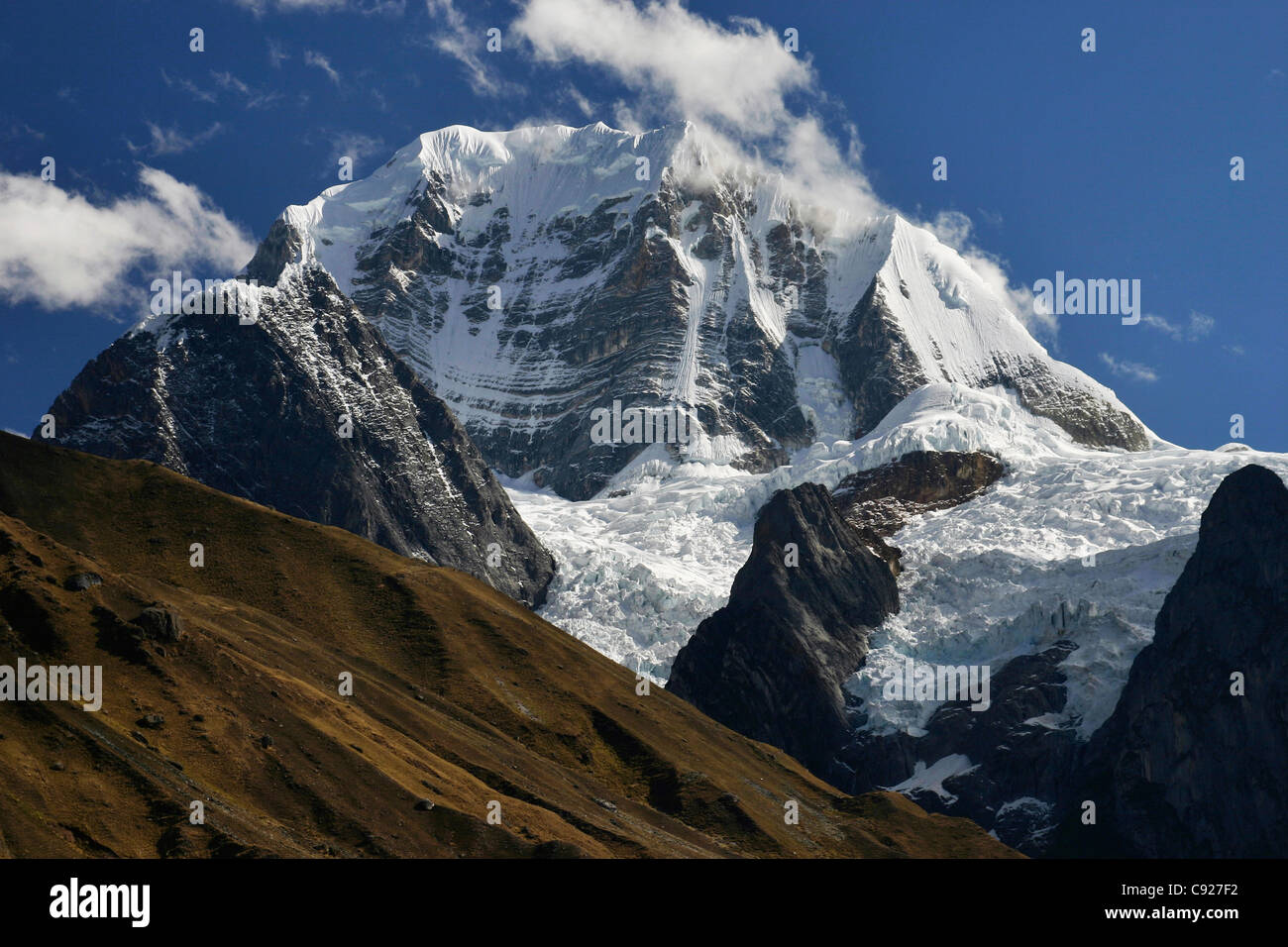 Peru, Ancash, Cordillera Blanca, snow-capped Mt Yerupaja, part of ...
