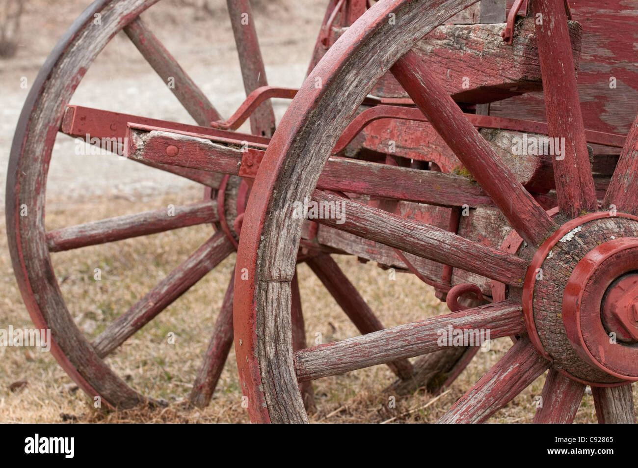 Weathered wagon wheels at the Musk Ox Farm near Palmer, Mat-Su Valley ...