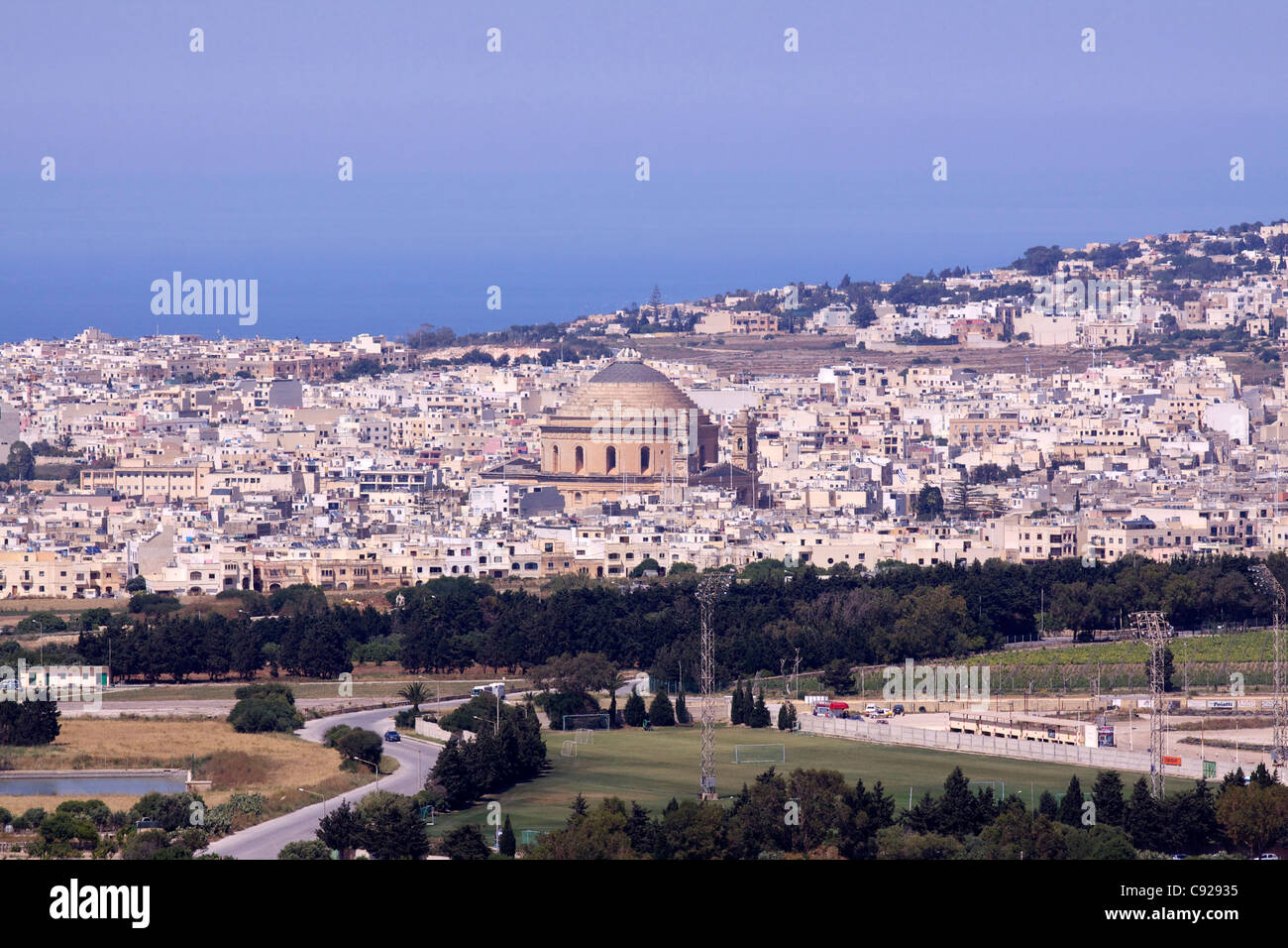 View over the town of Mosta church and the historic city, old town and ...