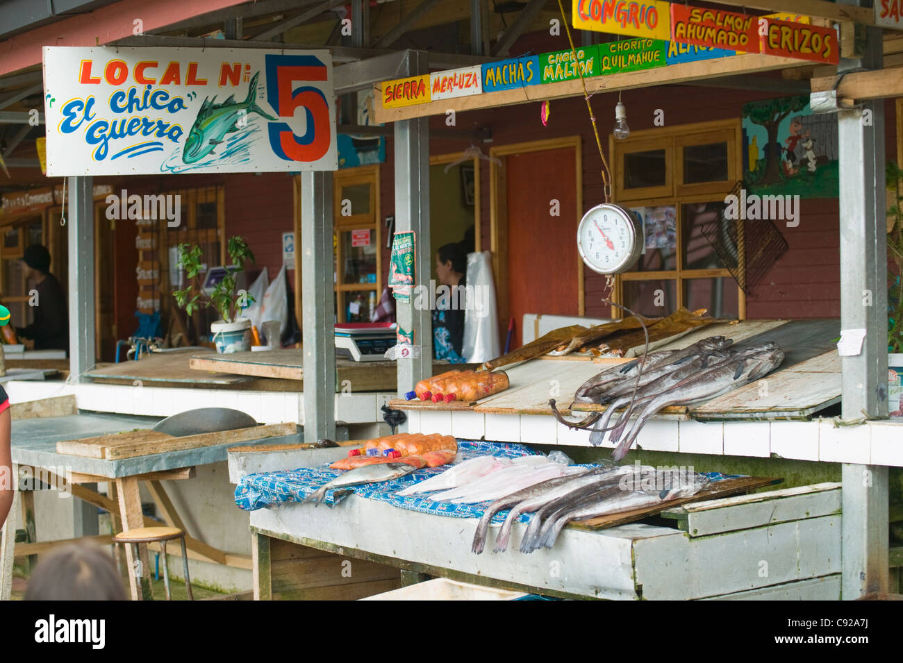 Chile, Puerto Montt, Angelmo Fish Market, stall at fish market Stock ...