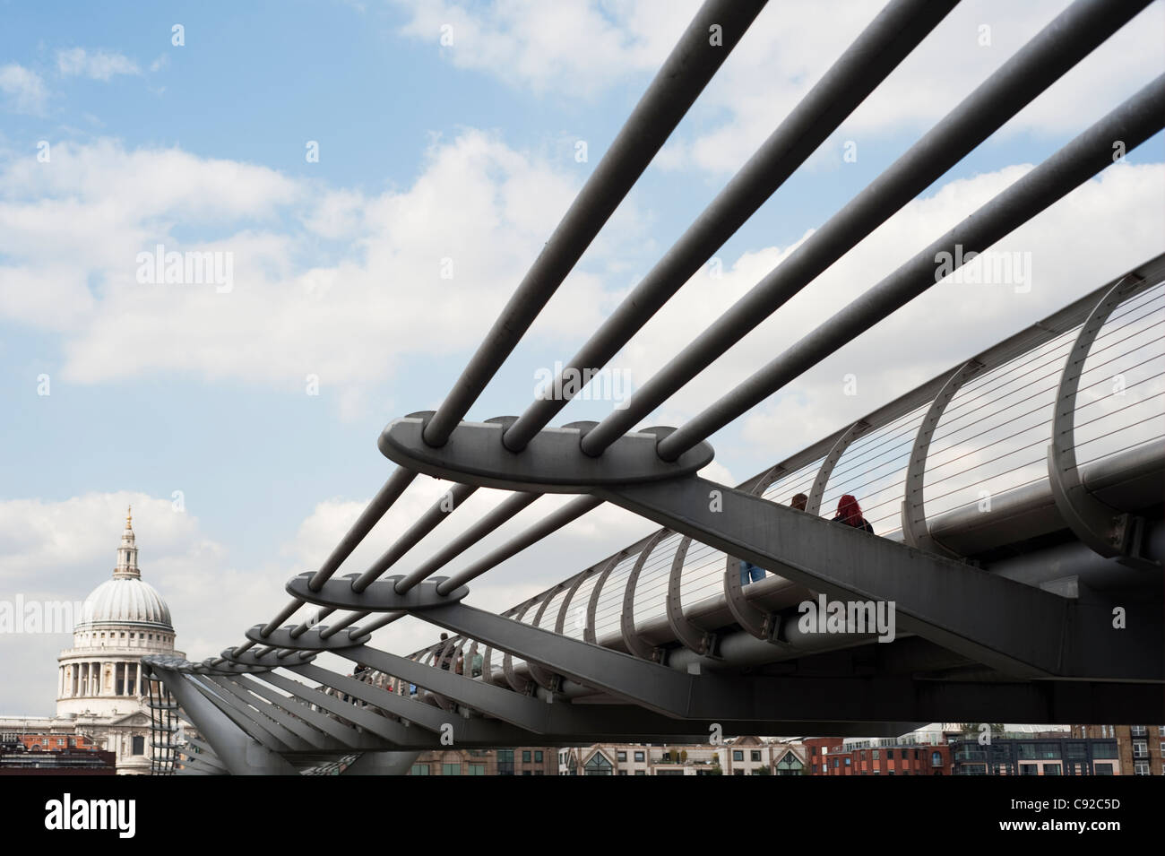 A close up view of the structure of the Millennium Bridge. It is a ...
