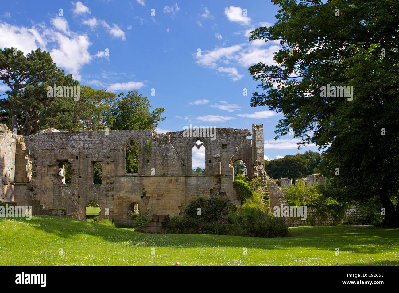 The stone ruins of Jervaulx Abbey, founded in 1156 by Cistercian monks ...