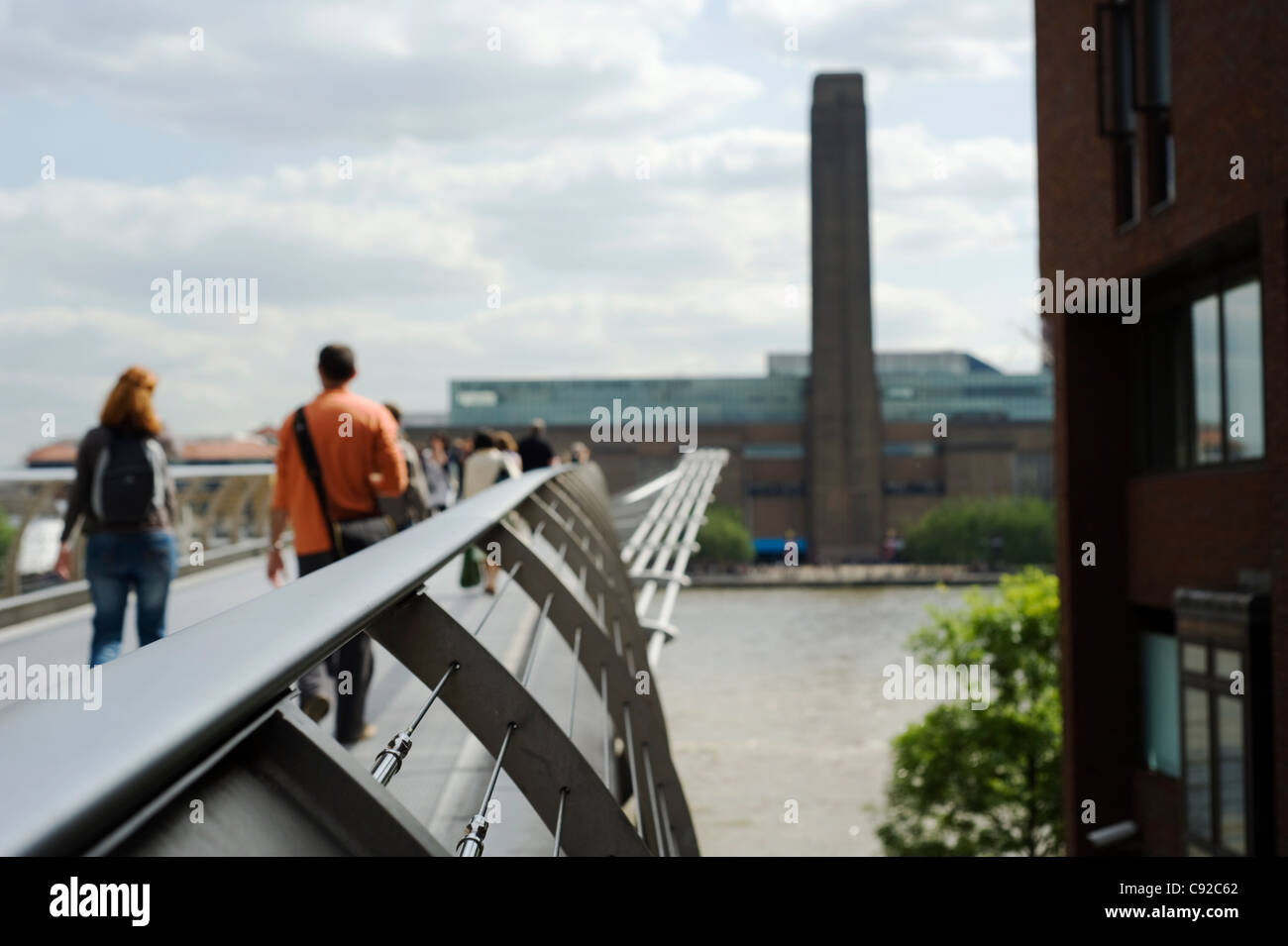 A close up view of the structure of the Millennium Bridge. It is a ...