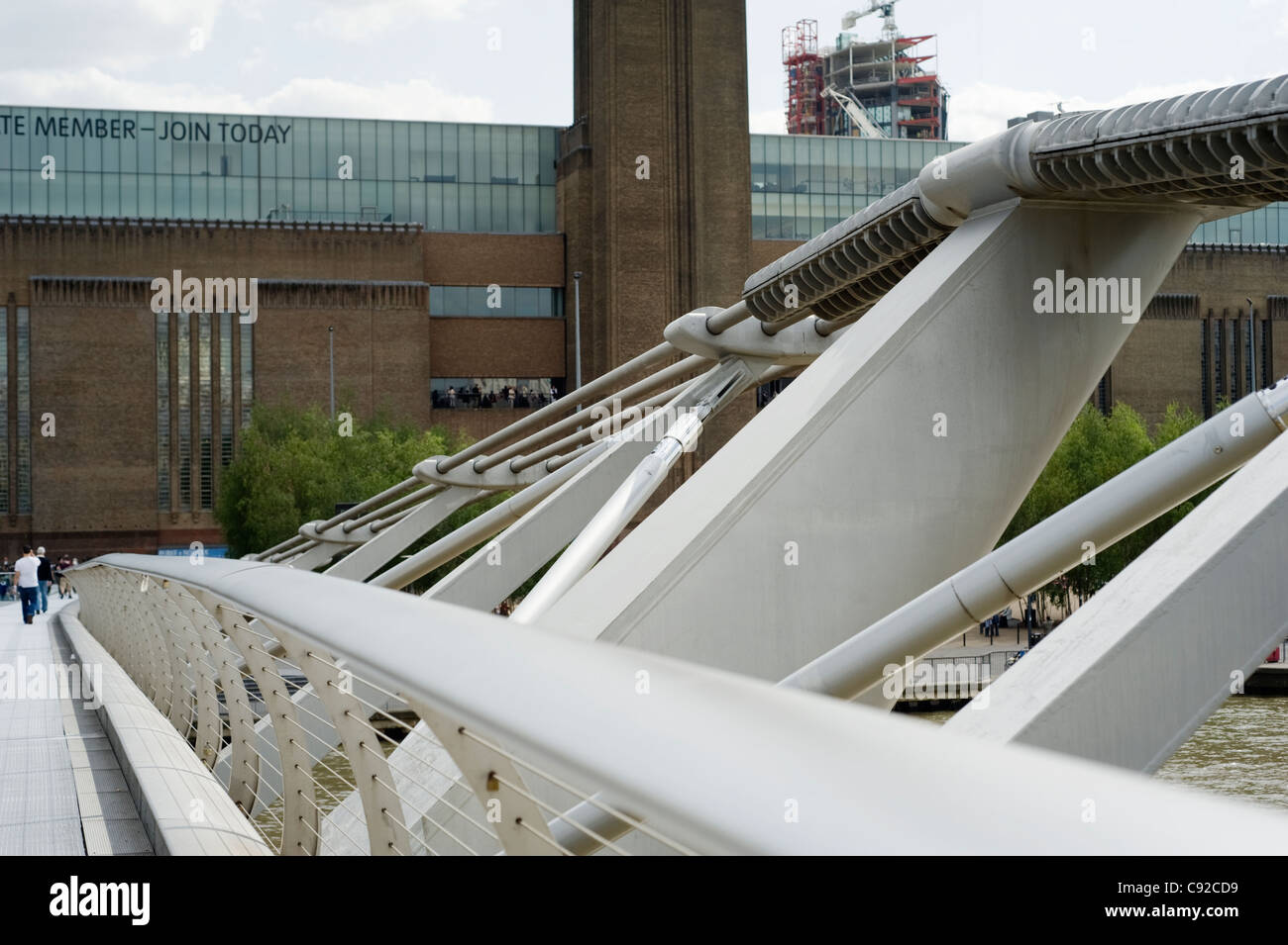 A close up view of the structure of the Millennium Bridge. It is a ...