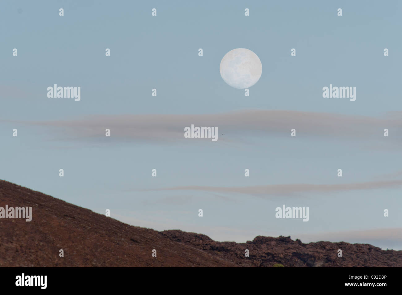 Moon in the sky, Bartolome island, Galapagos Islands, Ecuador Stock ...