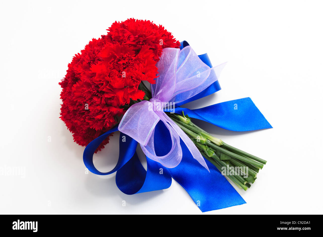 Bouquet of red flowers with blue ribbon Stock Photo - Alamy