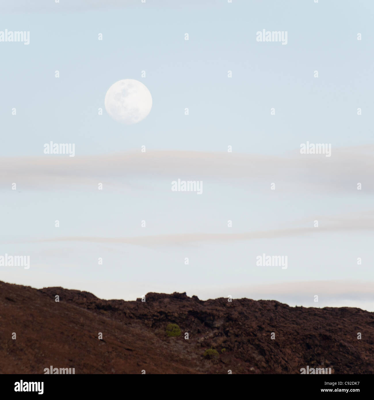 Moon in the sky, Bartolome island, Galapagos Islands, Ecuador Stock ...