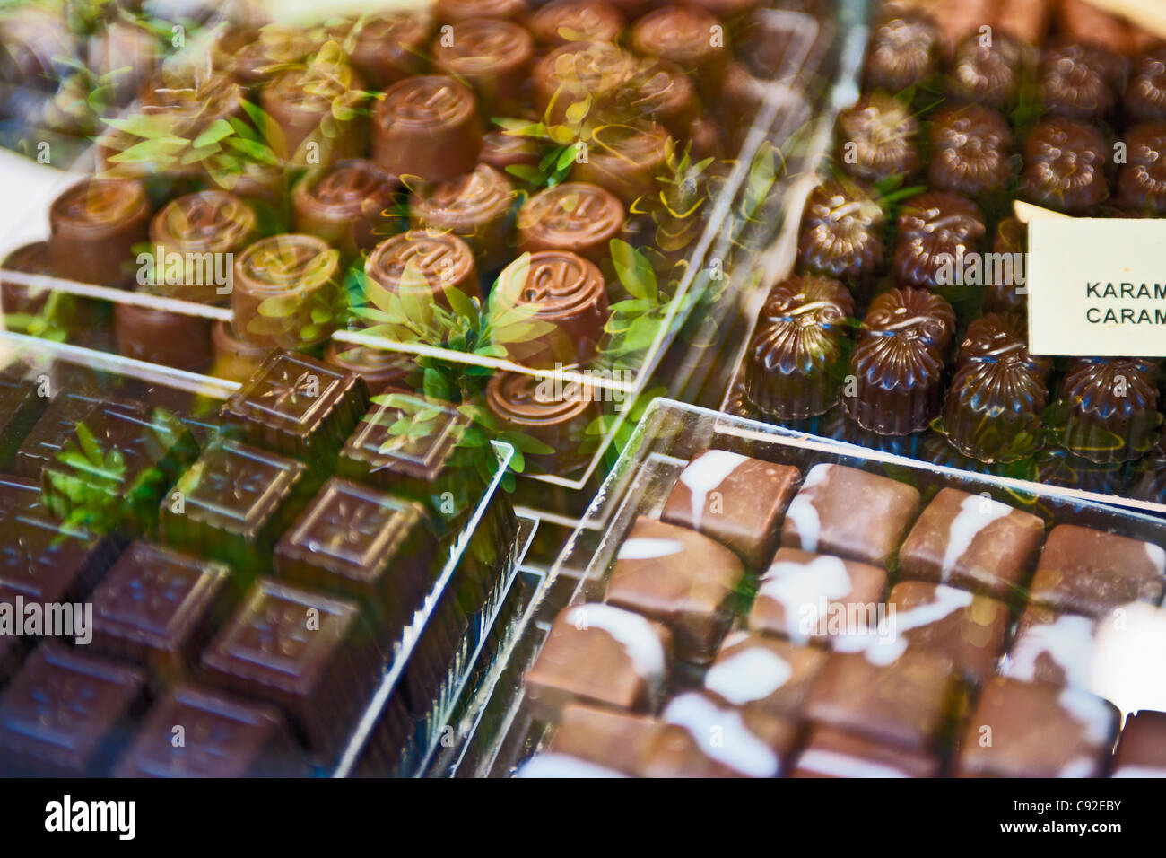 Close up of chocolates in display case Stock Photo - Alamy