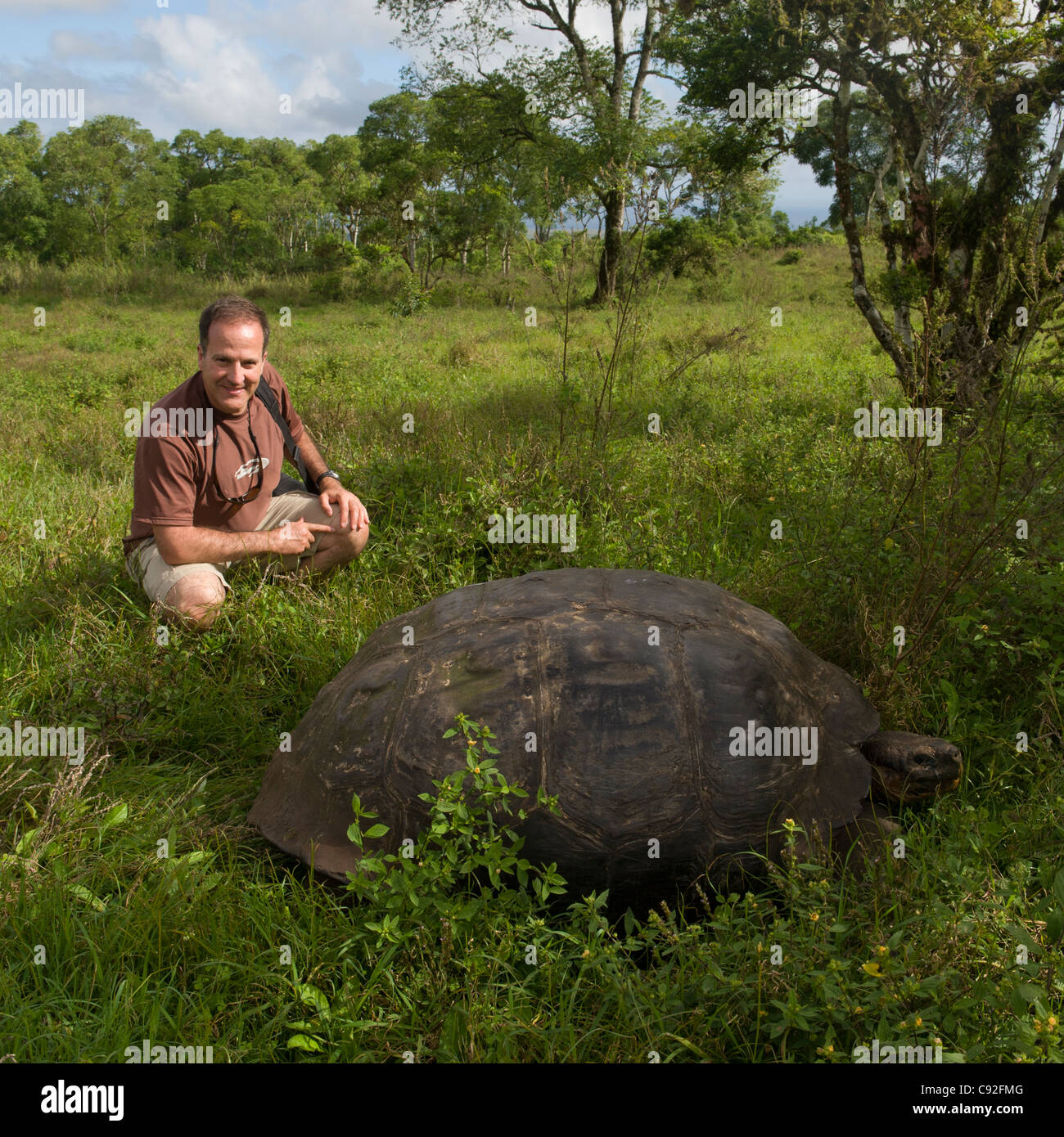 Tourist crouching near a Giant tortoise, Santa Cruz Island, Galapagos ...