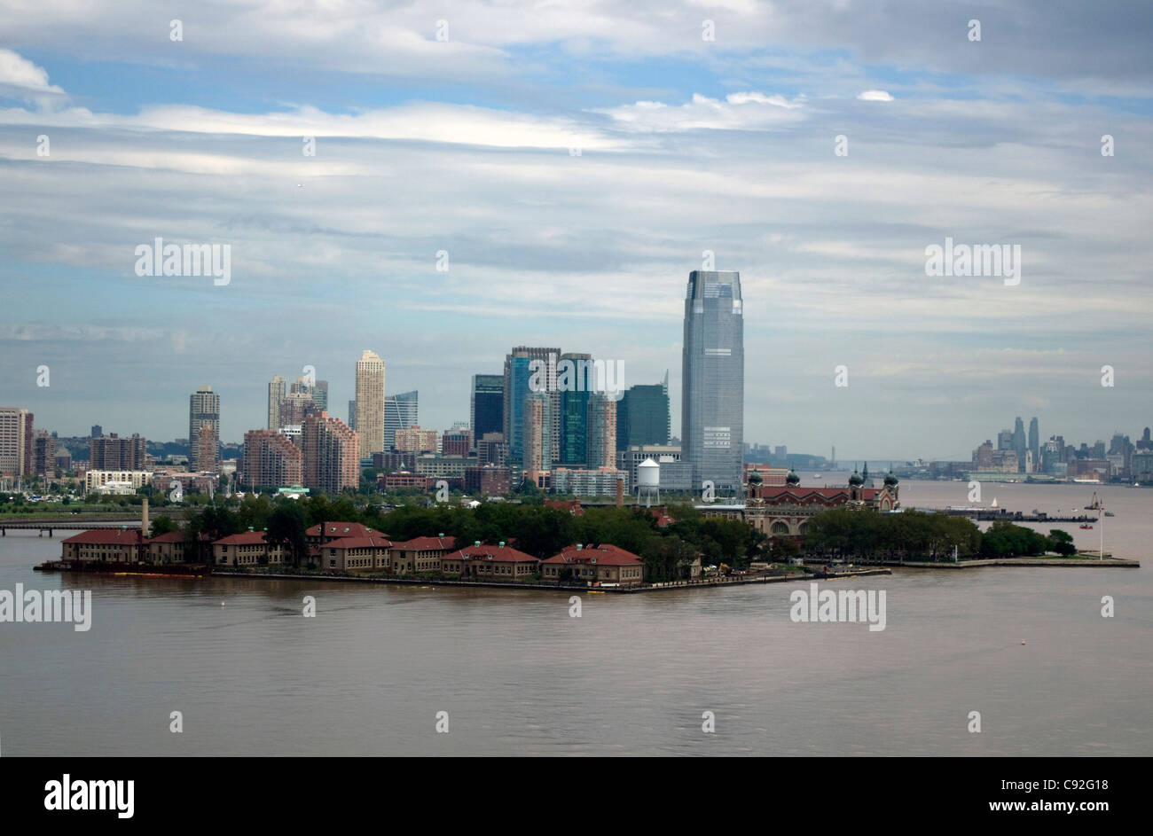 Ellis Island and muddy confluence of Hudson River and New York Harbor ...