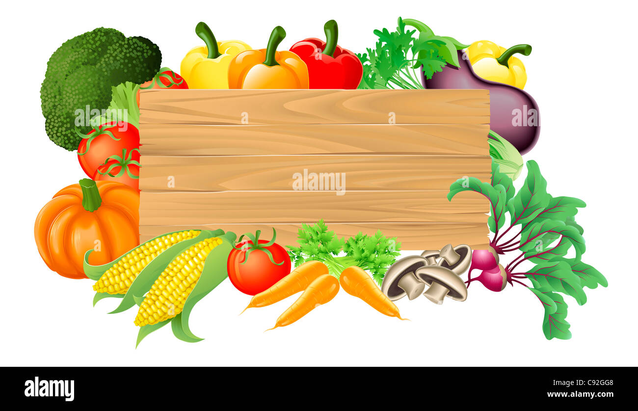 Illustration of a wooden sign surrounded by fresh vegetables Stock ...