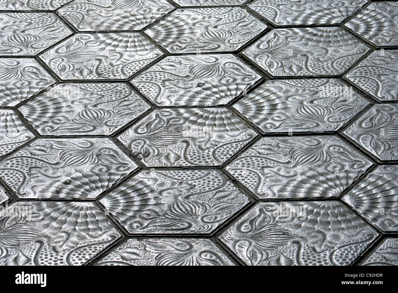 There are decorative hexagonal paving stones with ornate patterns on ...