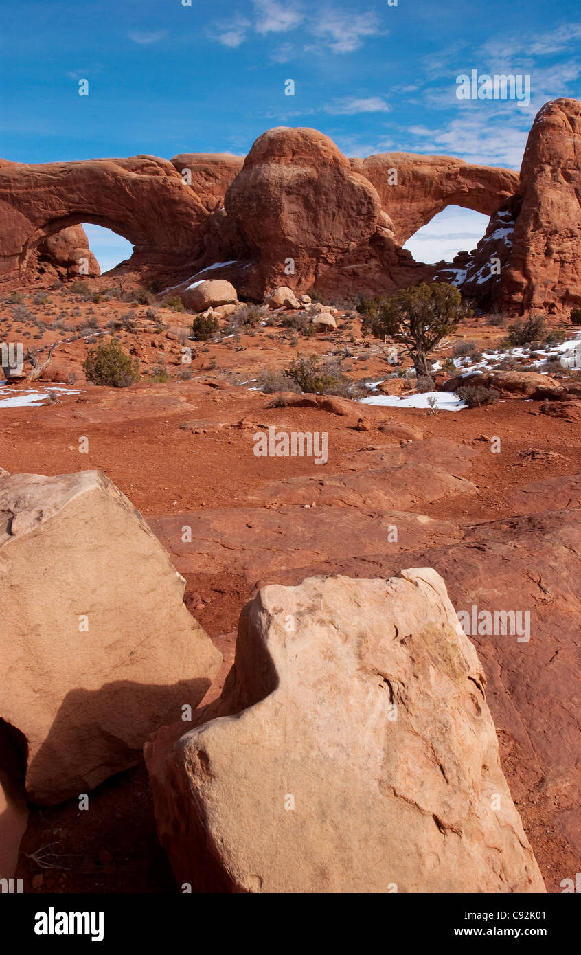 Snow and winter landscape near North and South Windows, Arches National ...