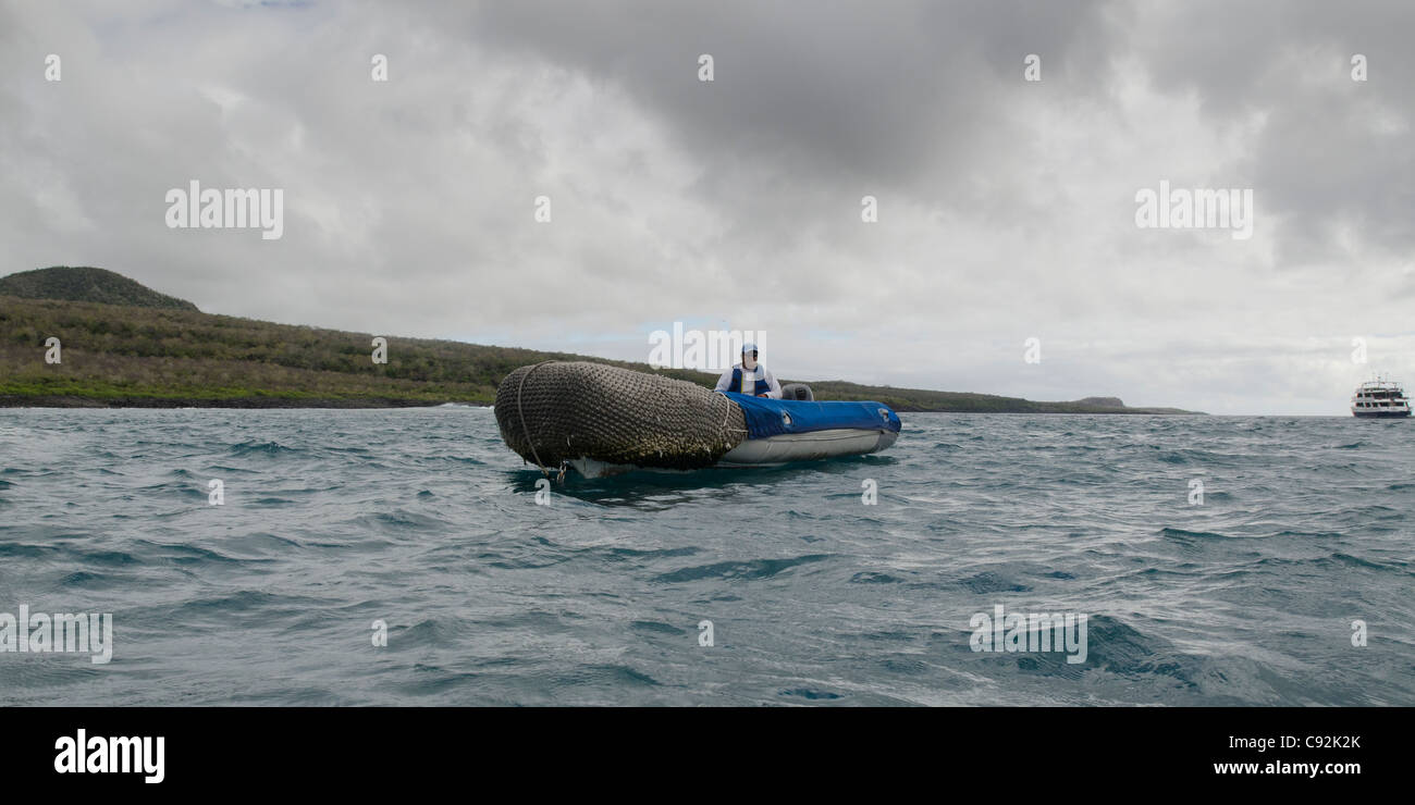 Man sitting in a panga in the Pacific Ocean, Playa Ochoa, San Cristobal ...