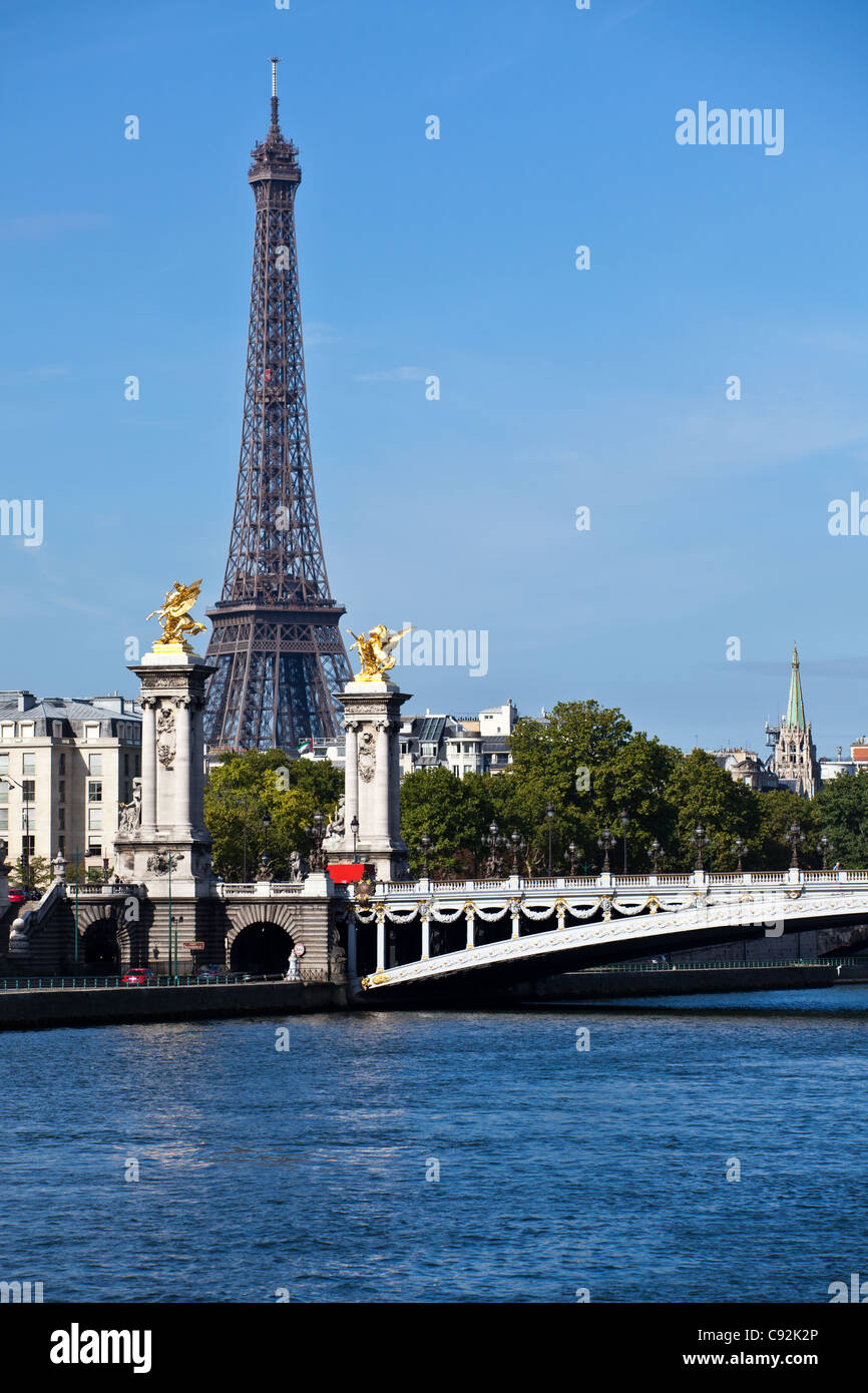 Paris, the Eiffel tower and the Alexander III bridge ssen from Place de ...