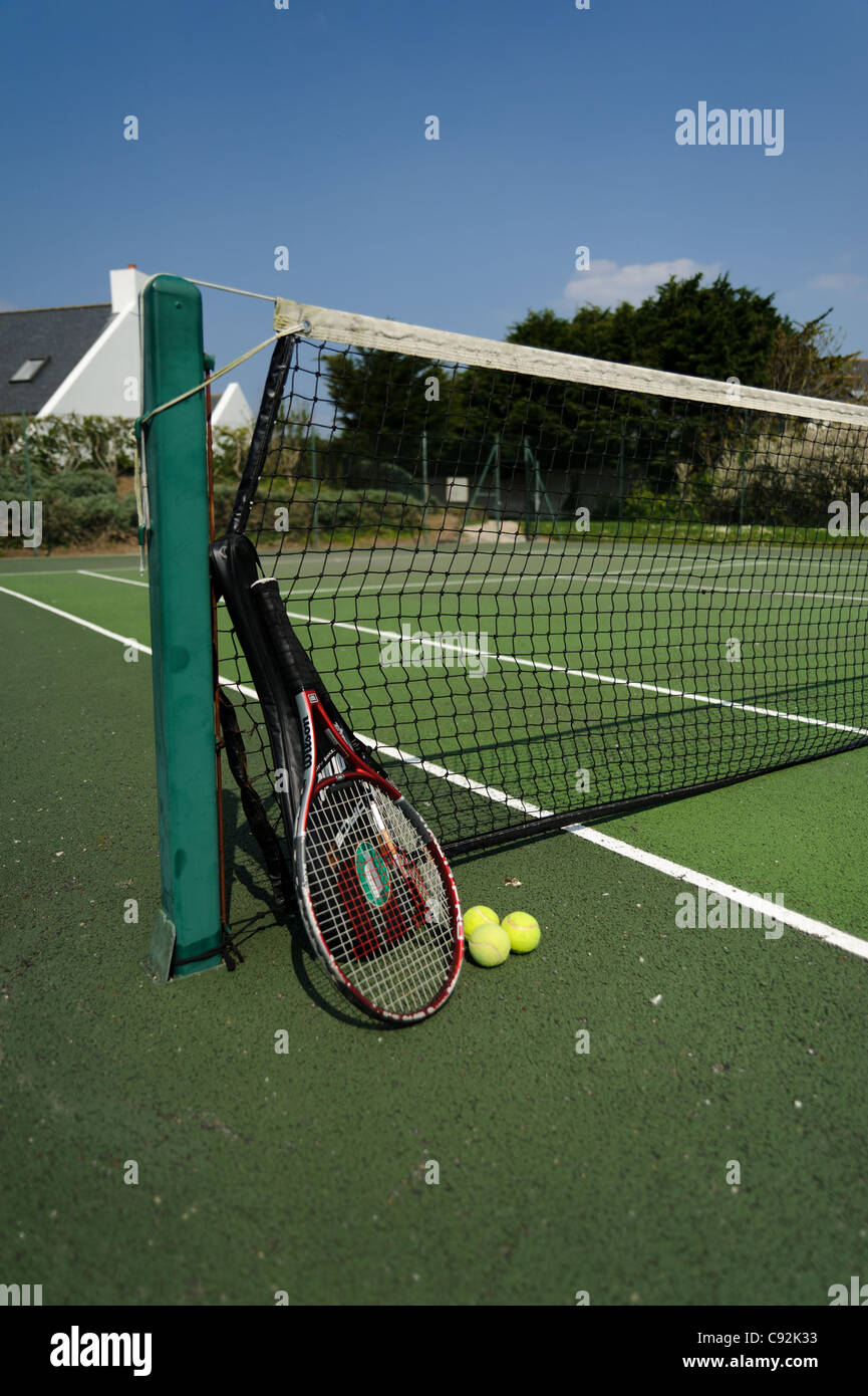 Tennis courts with rackets and balls, Cornwall Stock Photo - Alamy