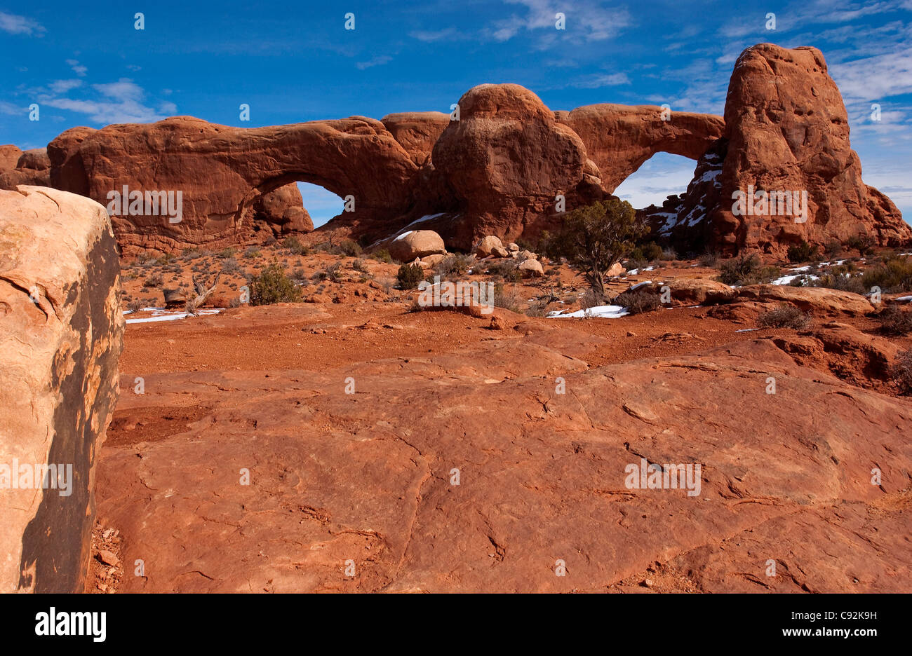 Snow and winter landscape near North and South Windows, Arches National ...